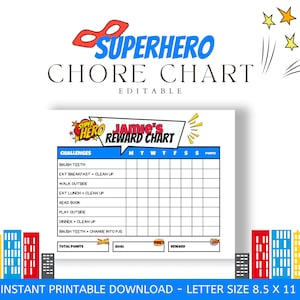 Chore Chart Superhero, Editable Chore Chart, Printable, Canva Template ...