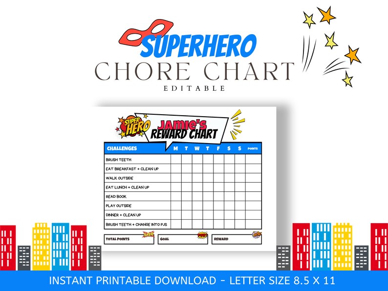Chore Chart Superhero, Editable Chore Chart, Printable, Canva Template ...