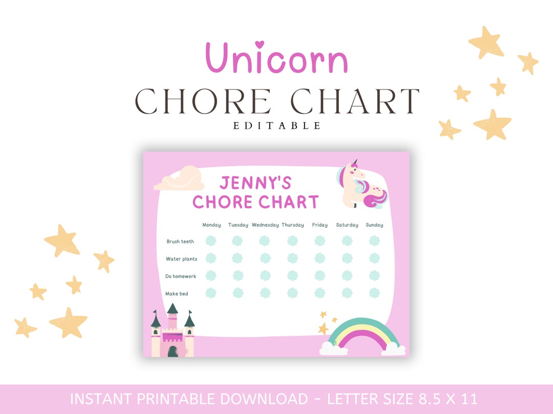 Chore Chart Unicorn, Editable Chore Chart, Printable, Canva Template ...