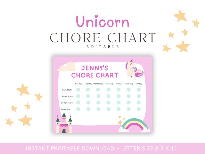 Chore Chart Unicorn, Editable Chore Chart, Printable, Canva Template ...