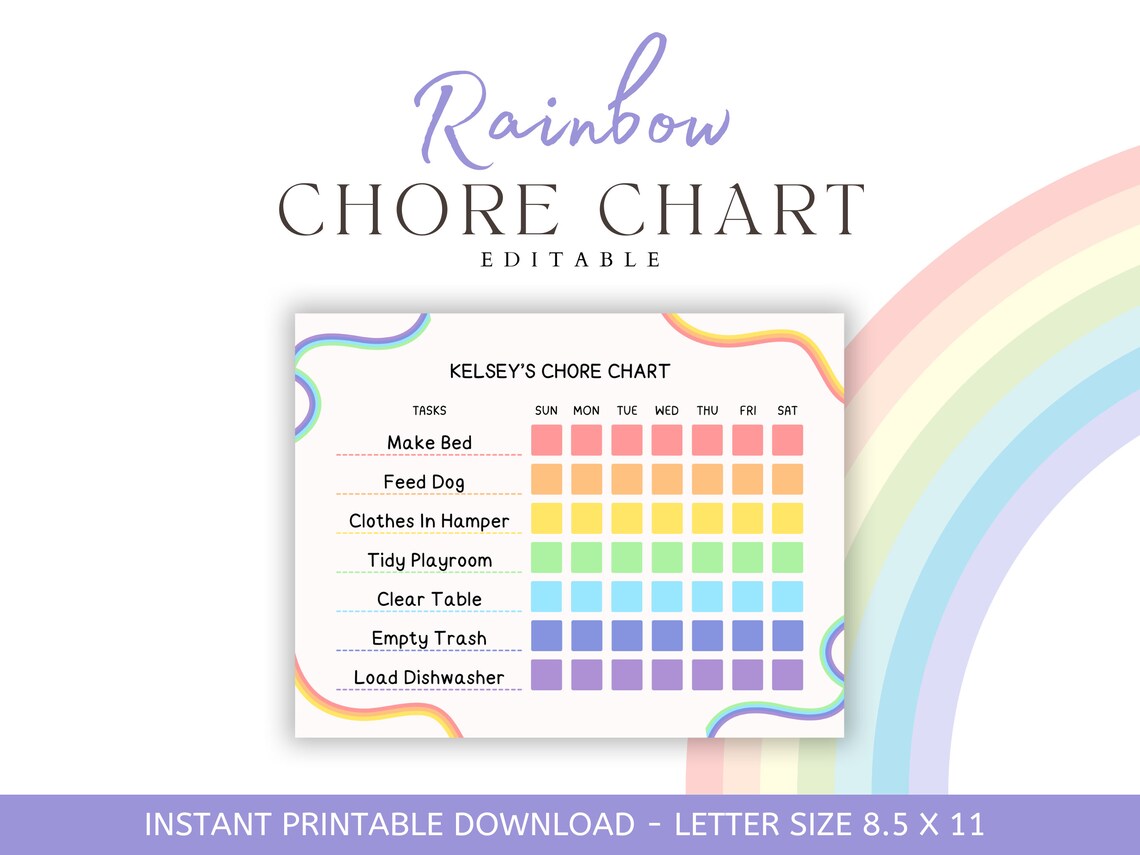 Chore Chart Rainbow, Editable Chore Chart, Printable, Canva Template ...