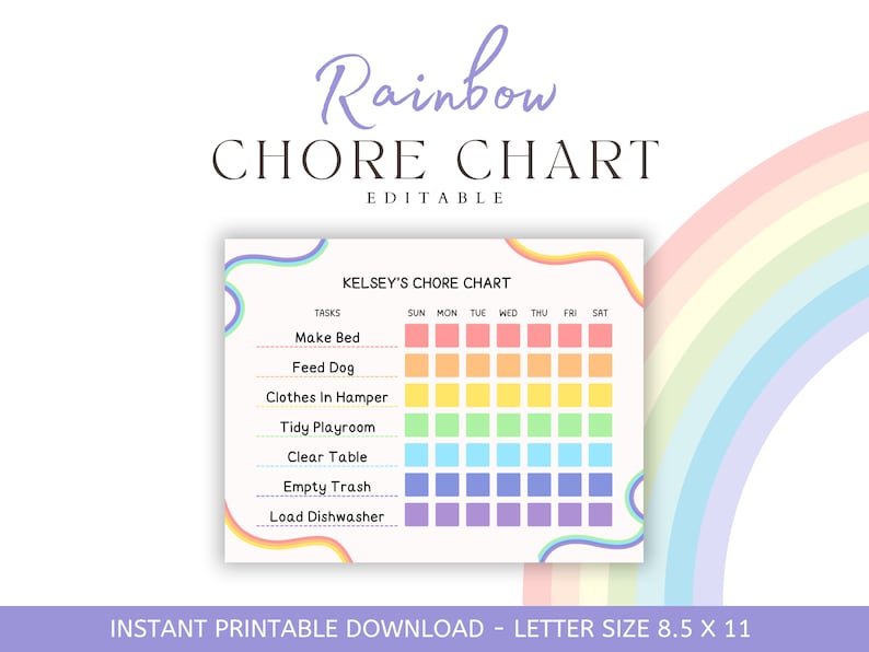Chore Chart Rainbow, Editable Chore Chart, Printable, Canva Template ... Chore Chart Rainbow, Editable Chore Chart, Printable, Canva Template ...