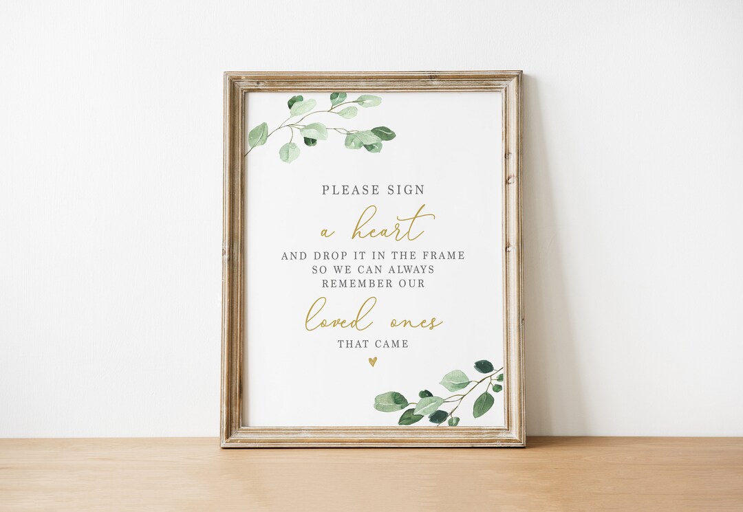 PRINTABLE Please Sign A Heart Greenery Gold Leaves Wedding Guestbook ...