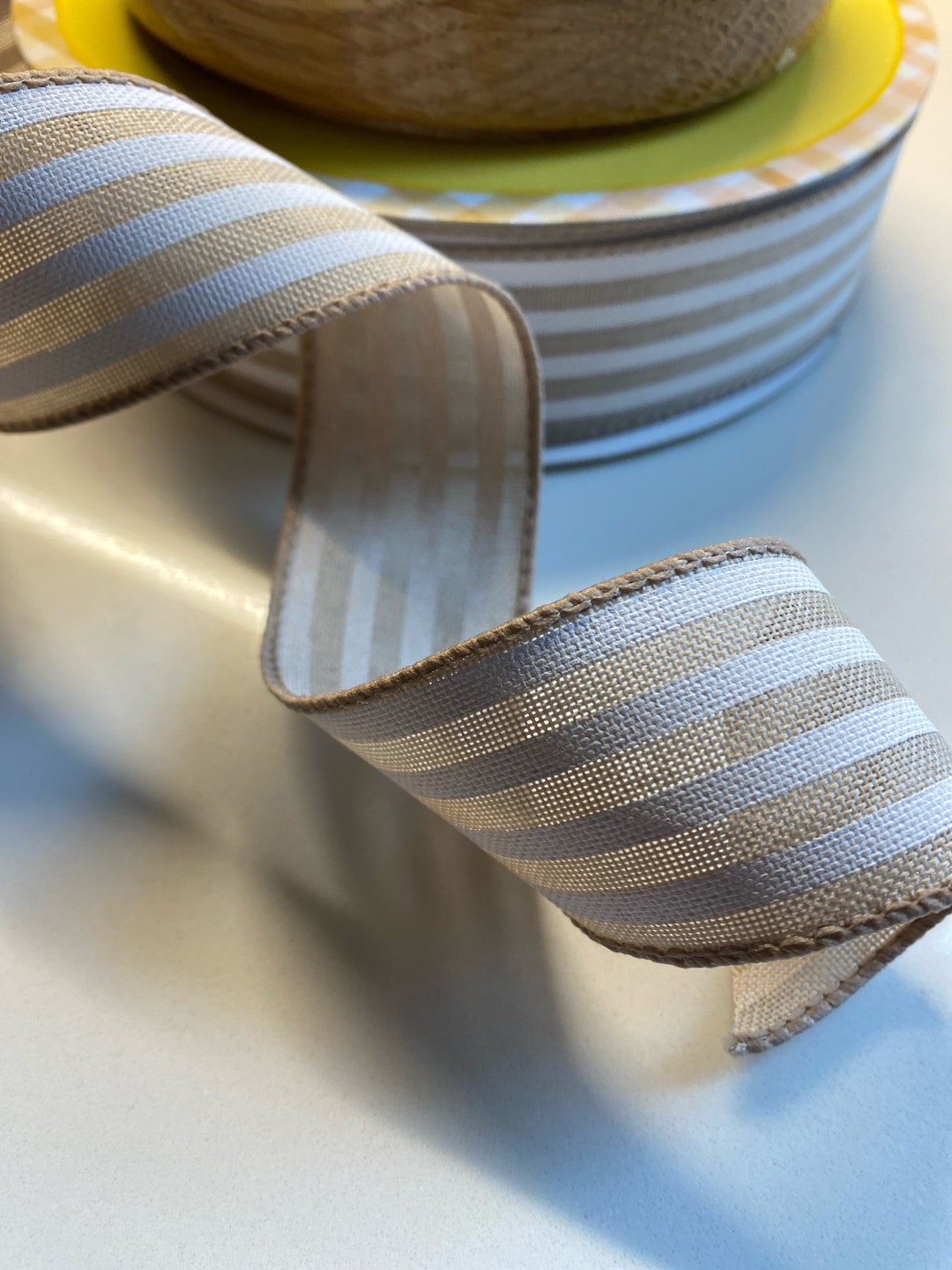 Natural Linen With White Stripes Ribbon, 5 Yds of 1 1/2" Linen Wired ...