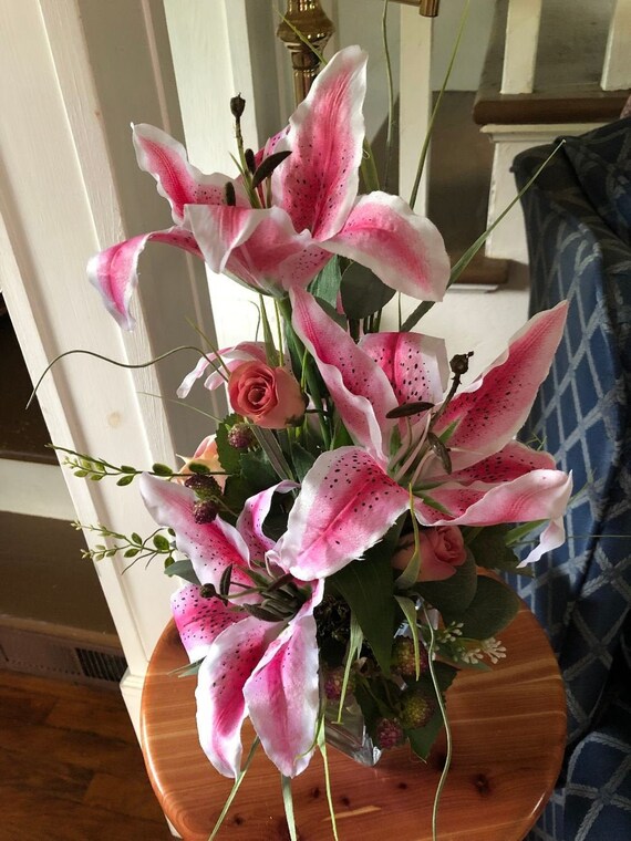 Lily Table Top Arrangement Stargazer Lilies Roses and - Etsy