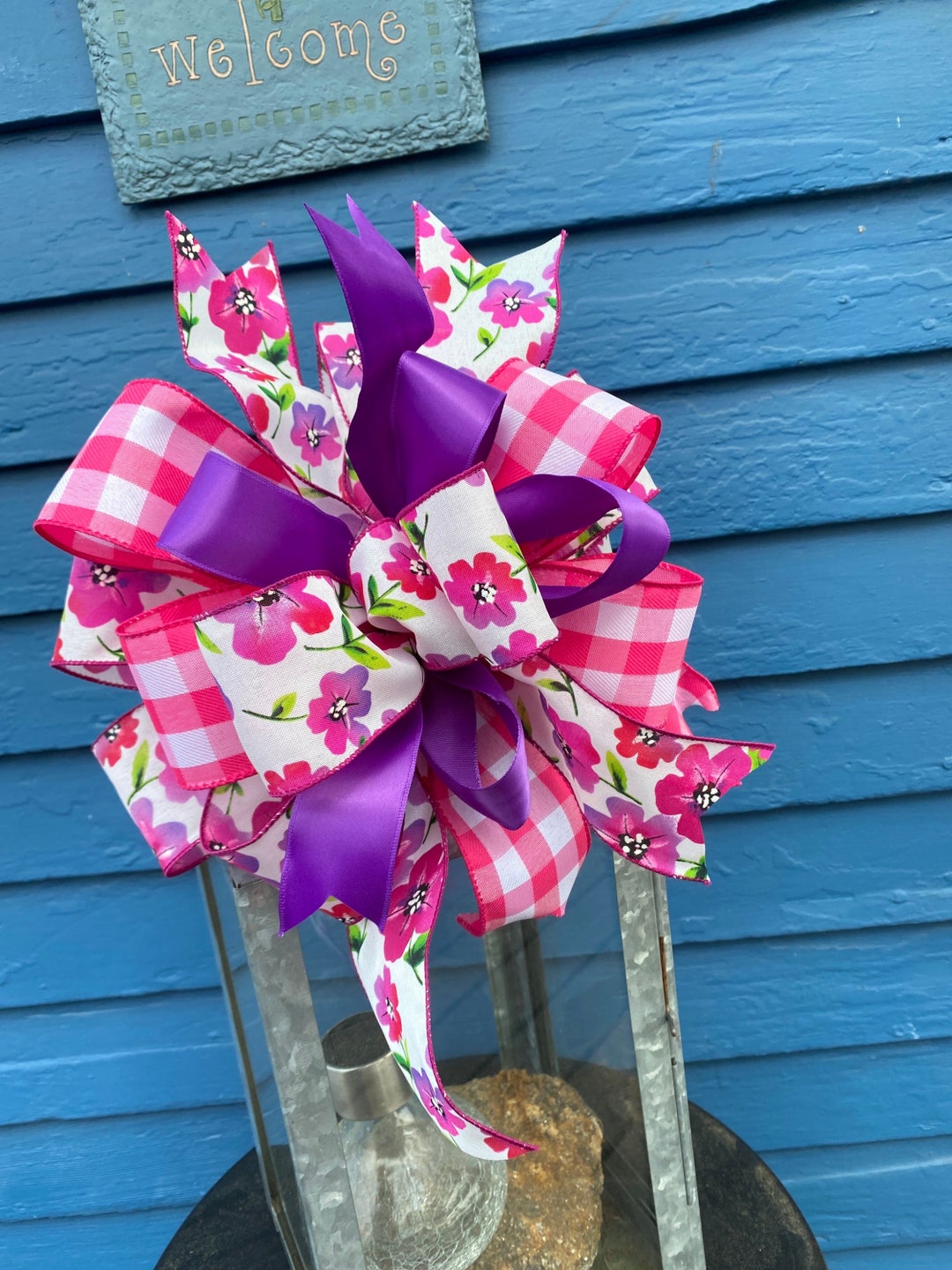 Floral Lantern Bow, Pink Buffalo Check, Purple Satin, Farmhouse Wreath ...