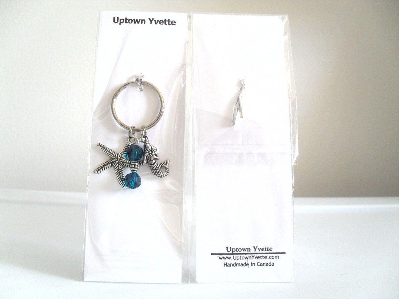 Beach Keychain, Starfish and Mermaid Charms Key Chain With Deep Teal ...