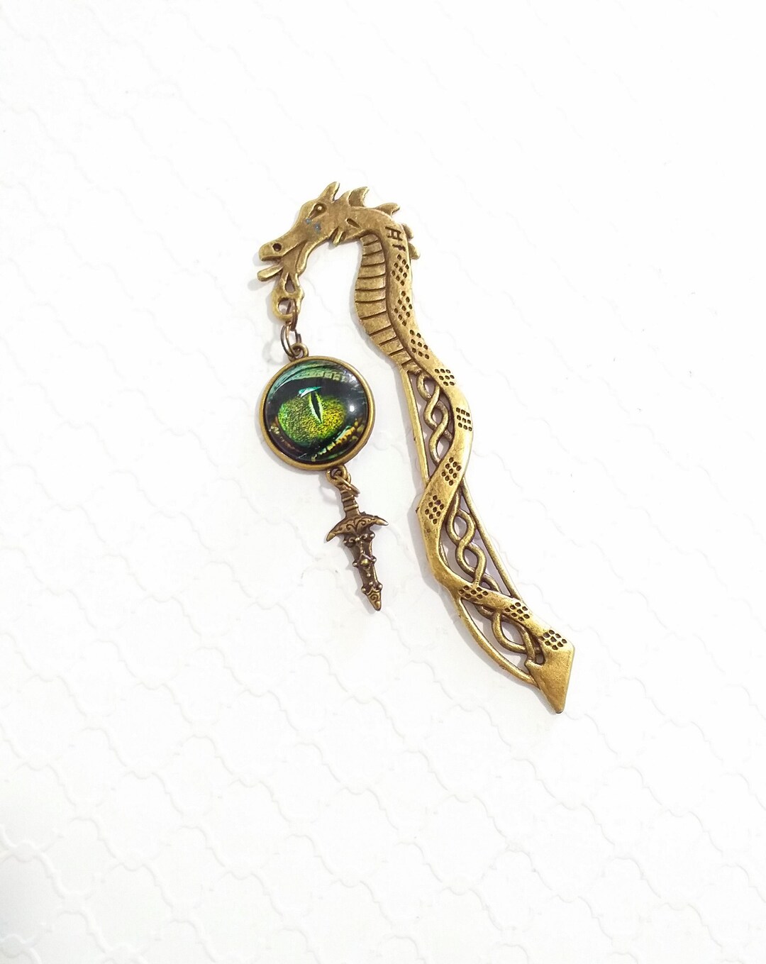 Dragon Bookmark With Bronze Dagger Sword Charm and Steampunk Green Eye ...