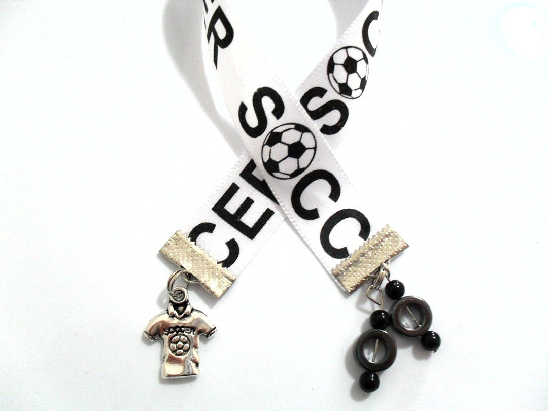 Soccer Ribbon Bookmark in Black and White With Soccer Charm, Player and ...