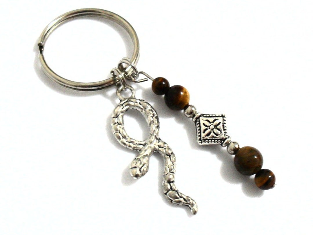 Snake Pendant Keychain With Tiger Eye Beads in Brown and Beige, Car and ...