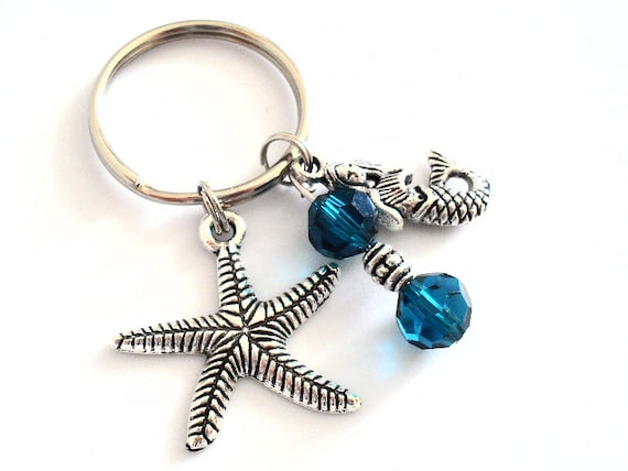 Beach Keychain Starfish and Mermaid Keychain With Deep Teal - Etsy
