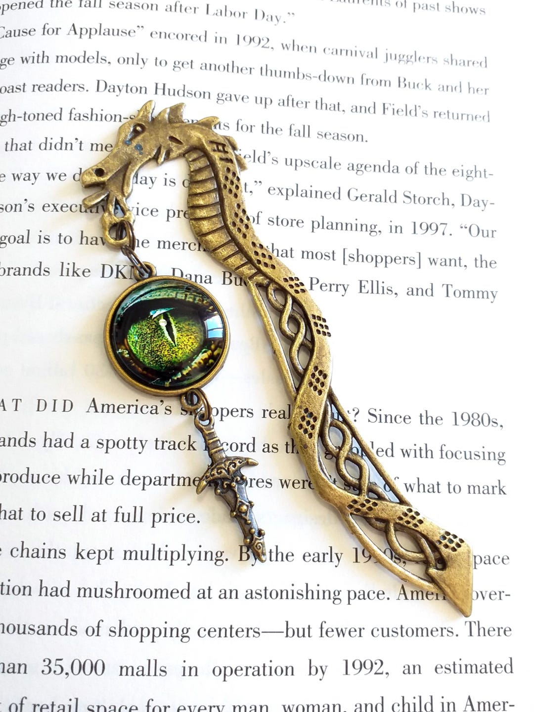 Dragon Bookmark With Bronze Dagger Sword Charm and Steampunk Green Eye ...