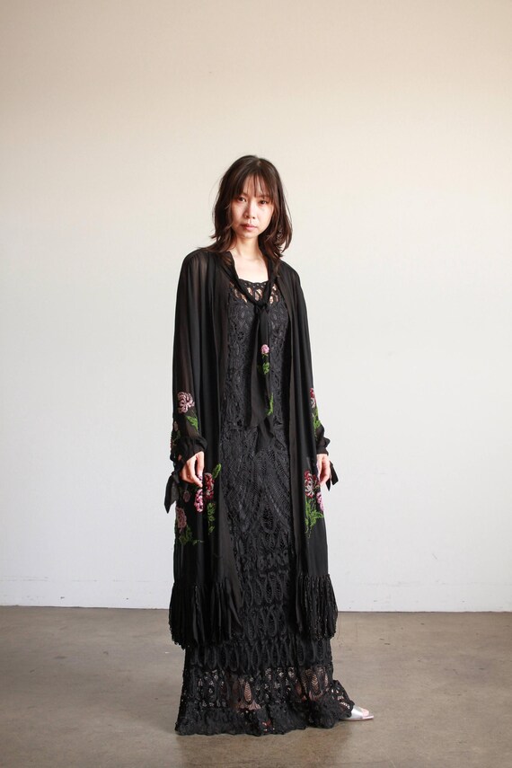1920s Black Chiffon Floral Beaded Duster - Gem