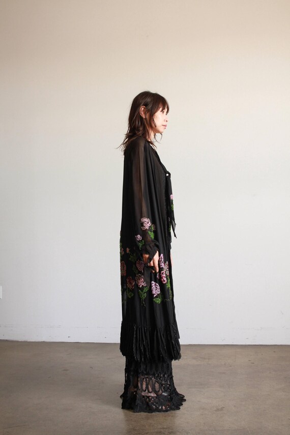 1920s Black Chiffon Floral Beaded Duster - Gem