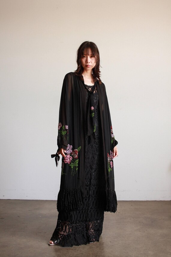 1920s Black Chiffon Floral Beaded Duster - Gem