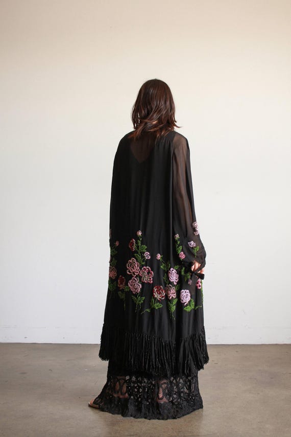1920s Black Chiffon Floral Beaded Duster - Gem