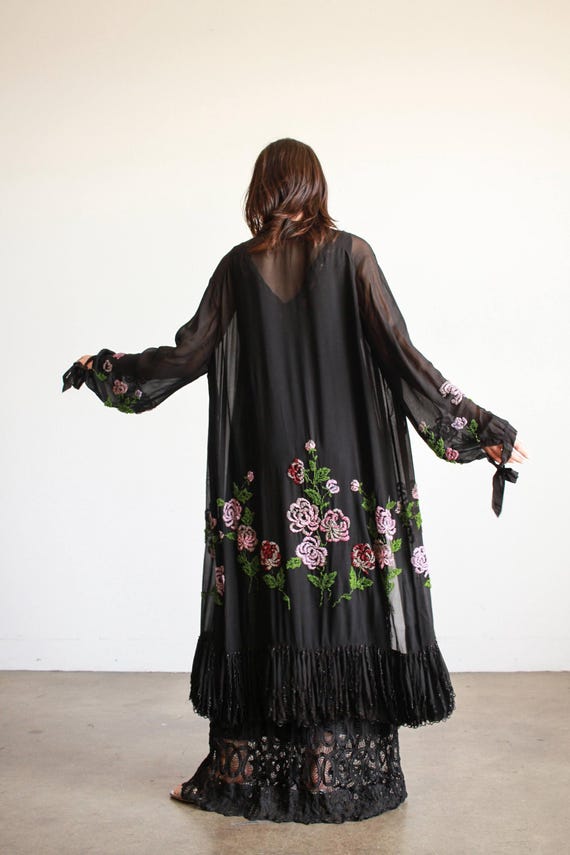 1920s Black Chiffon Floral Beaded Duster - Gem