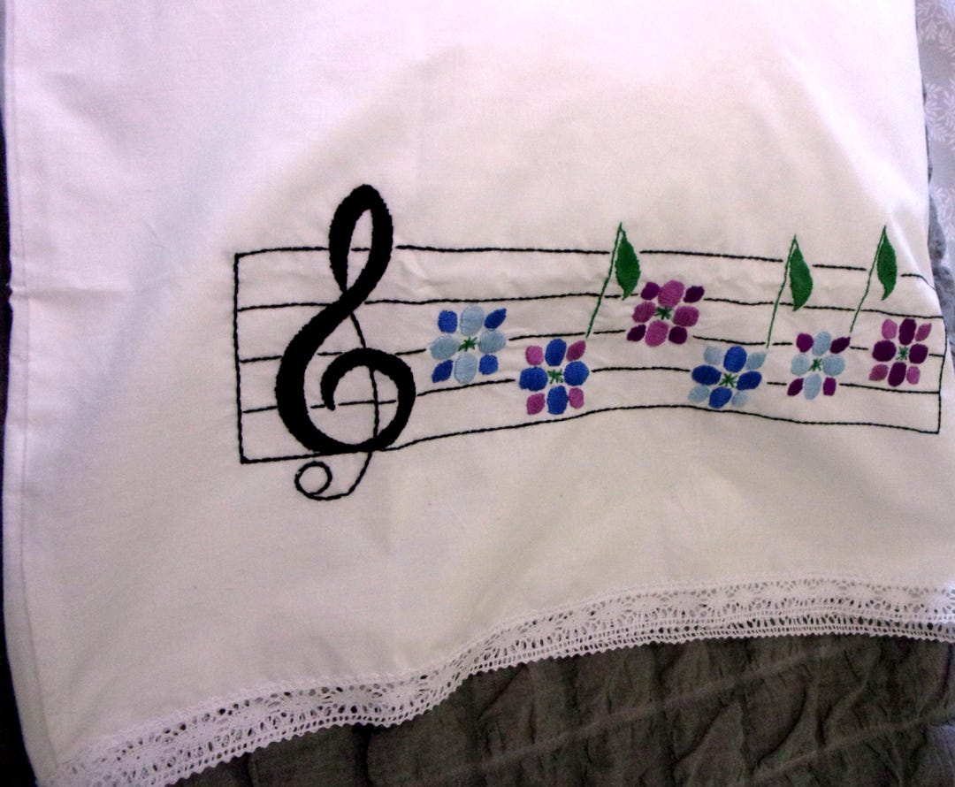 Embroidered Music Note and Flowers Pillowcase 19 X 31, One Accent White ...