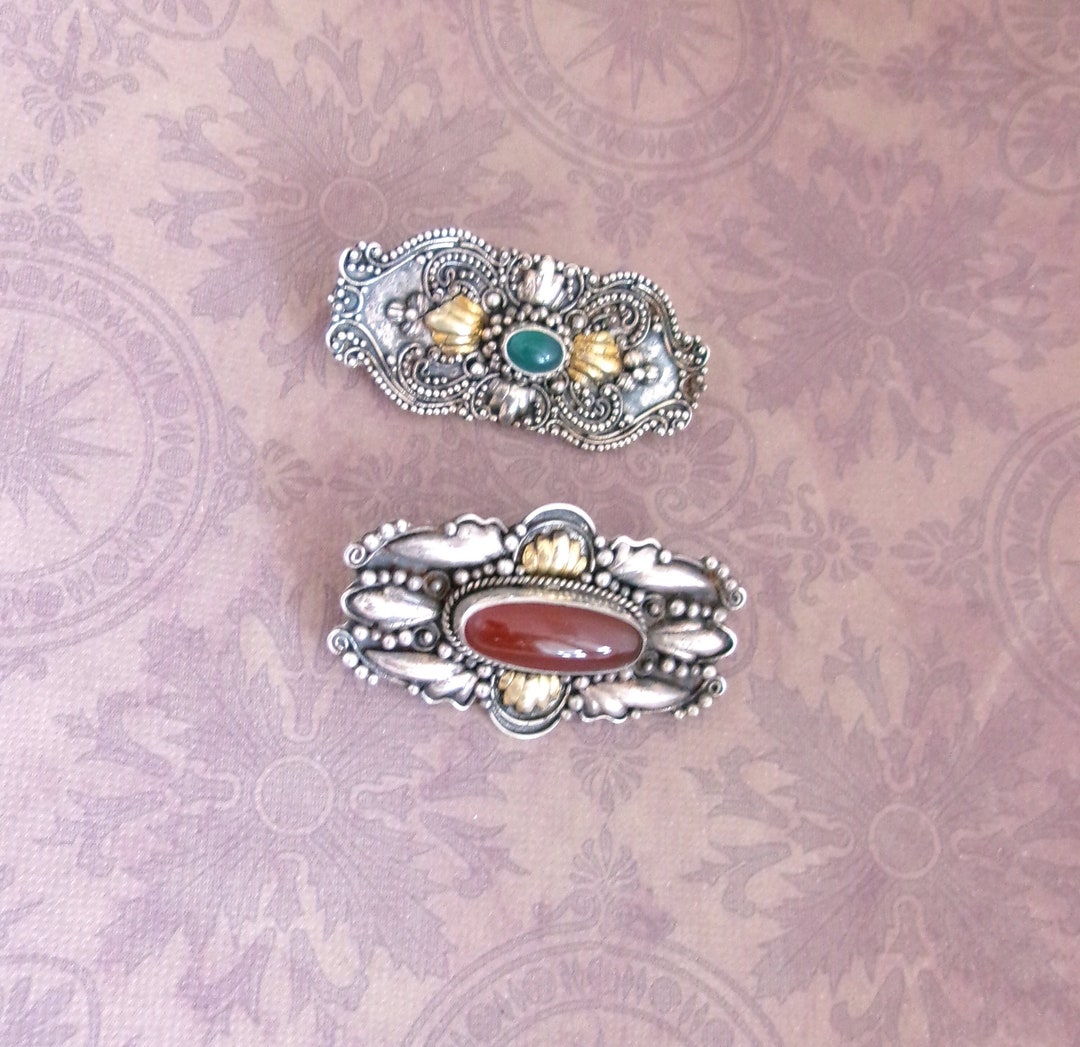 Vintage Silver Brooches, Emerald Brooch, Carnelian Brooch, Genuine Gems ...