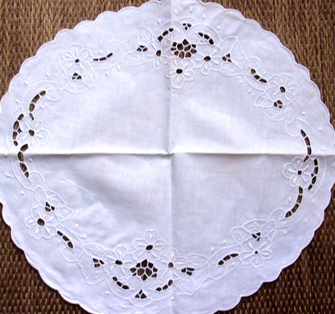 Cutwork Embroidered Doily: Handmade White Cotton Centerpiece 15" Dia ...