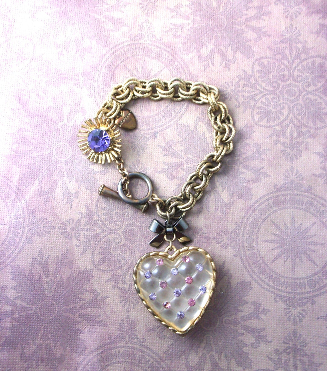 Betsey Johnson Bracelet Lucite Heart Cushion Cut Purple Crystal Tzarina ...