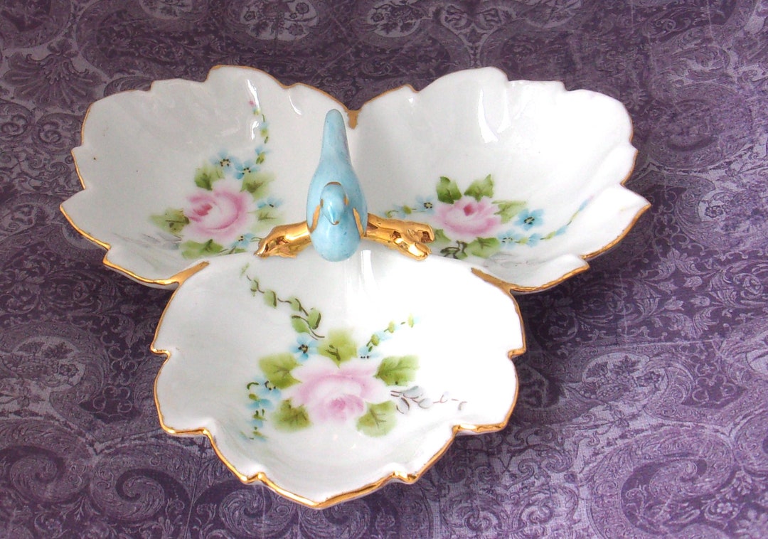 Porcelain Trinket Dish Tree Leaf Shape Section, Hand Painted English ...