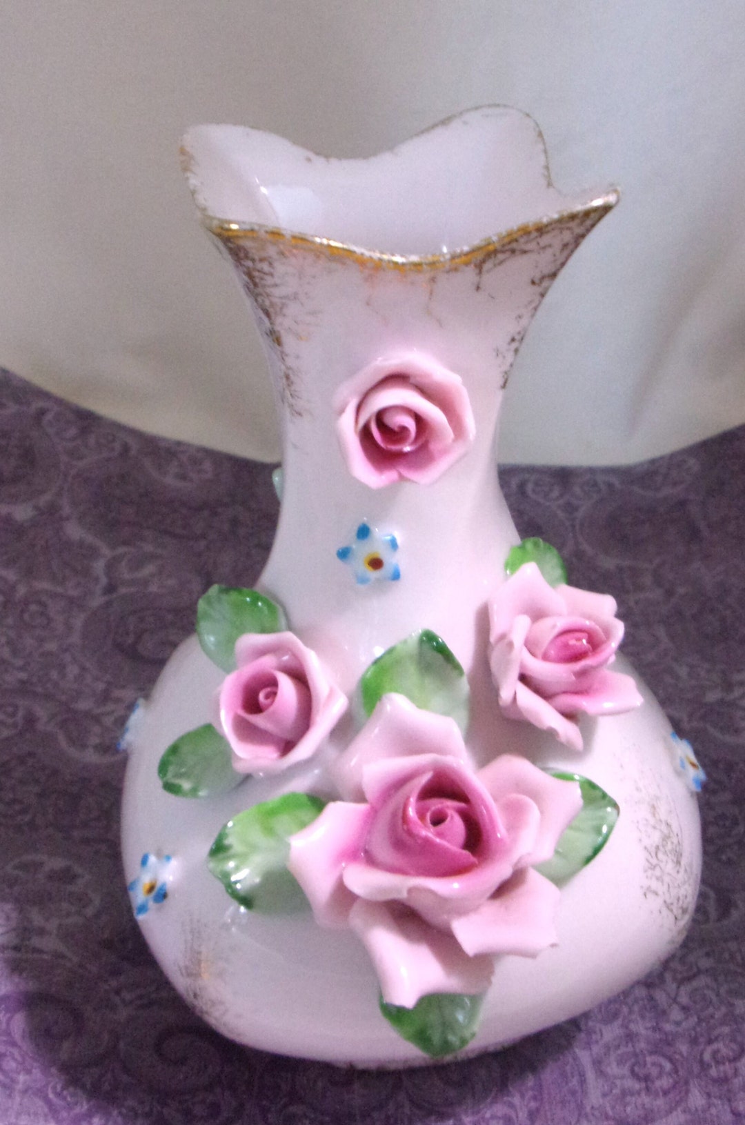 Vintage Lefton Porcelain Vase With Raised Pink Roses-gold Splash 5.50 ...