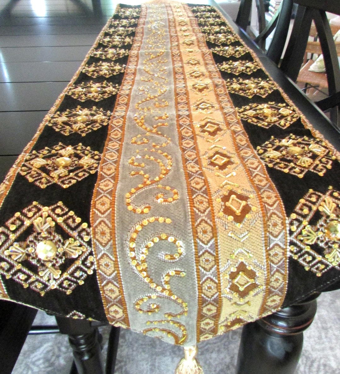 Beaded Gold & Black Table Runner 12x50 Elegant Tassel - Etsy