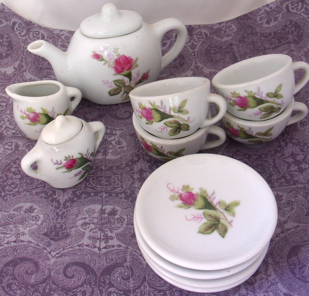 Porcelain Miniature Tea Set English Rose 13pcs, Vintage Children Tea ...