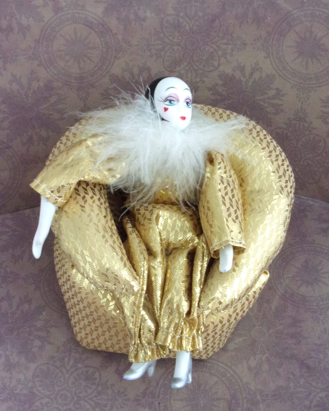Vintage Porcelain Jester Doll 5" H, Harlequin in Fancy Gold Outfit Seat ...