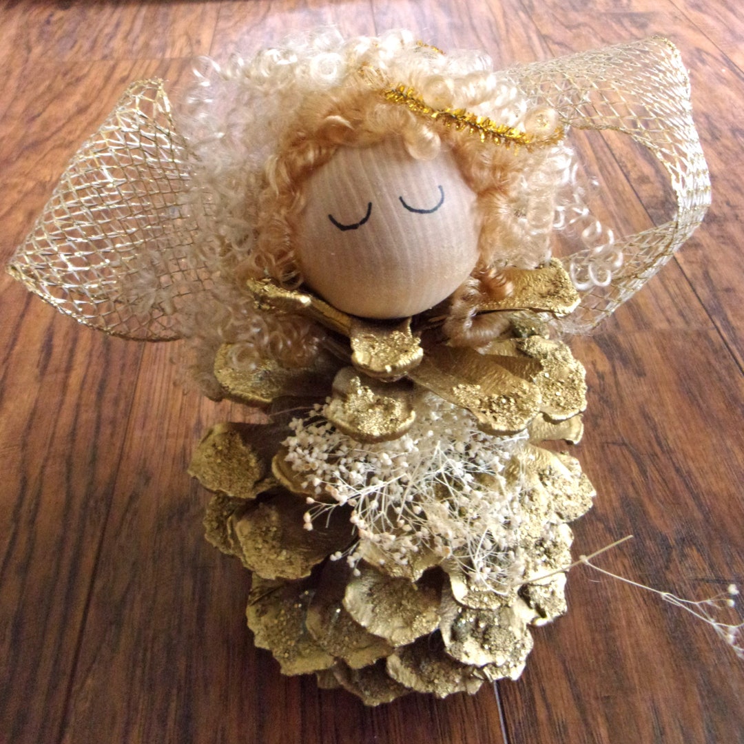 Pinecone Angel Ornament 7.50" T, Handmade Angel With Wood Head- Glitter ...