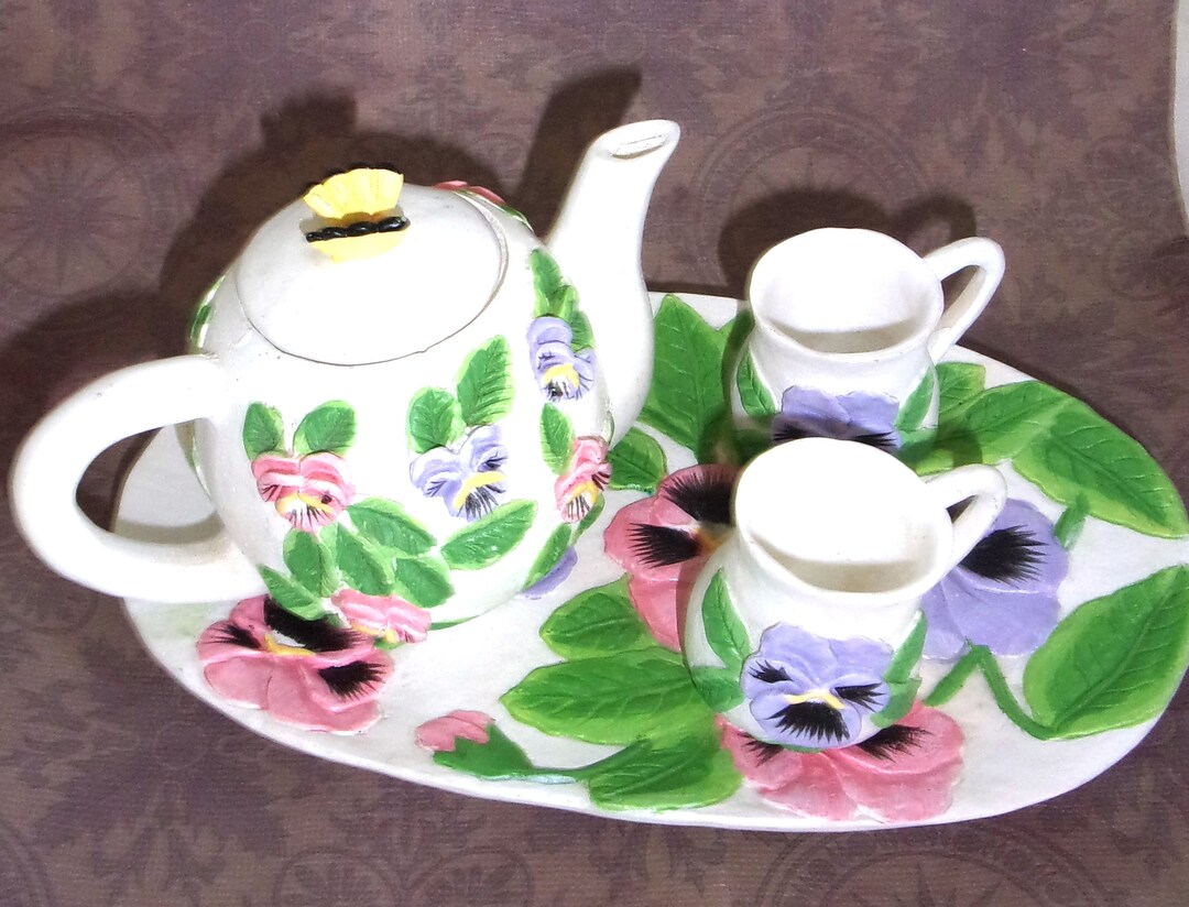 Pansies & Butterflies Miniature Tea Set: 5pcs Vintage Ceramic- Hand ...