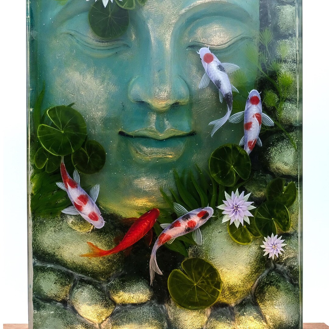 Buddha With Koi Fish and Water Lily, Zen Gift, 3D Painting, Buddha Gift ...