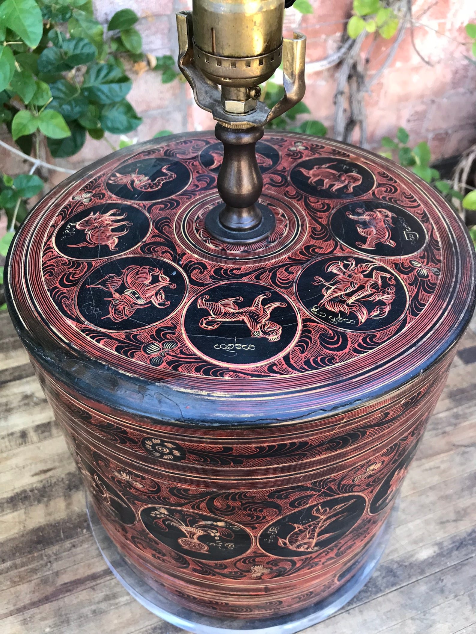 Burmese Antique Lacquered Bamboo Betal Nut Box Converted Lamp With ...