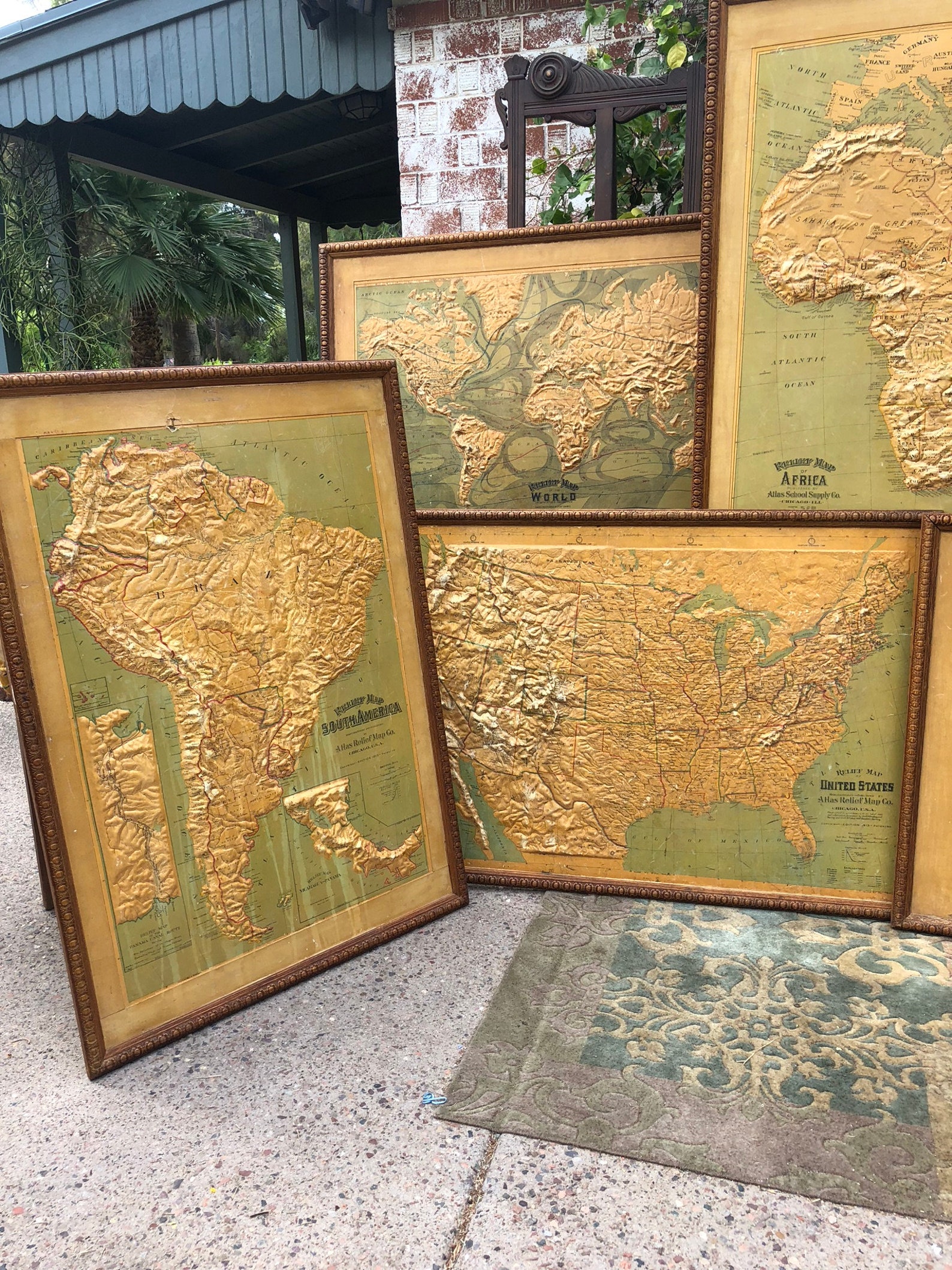 Antique Full Set of Atlas Relief Maps of the World and Each Continent ...
