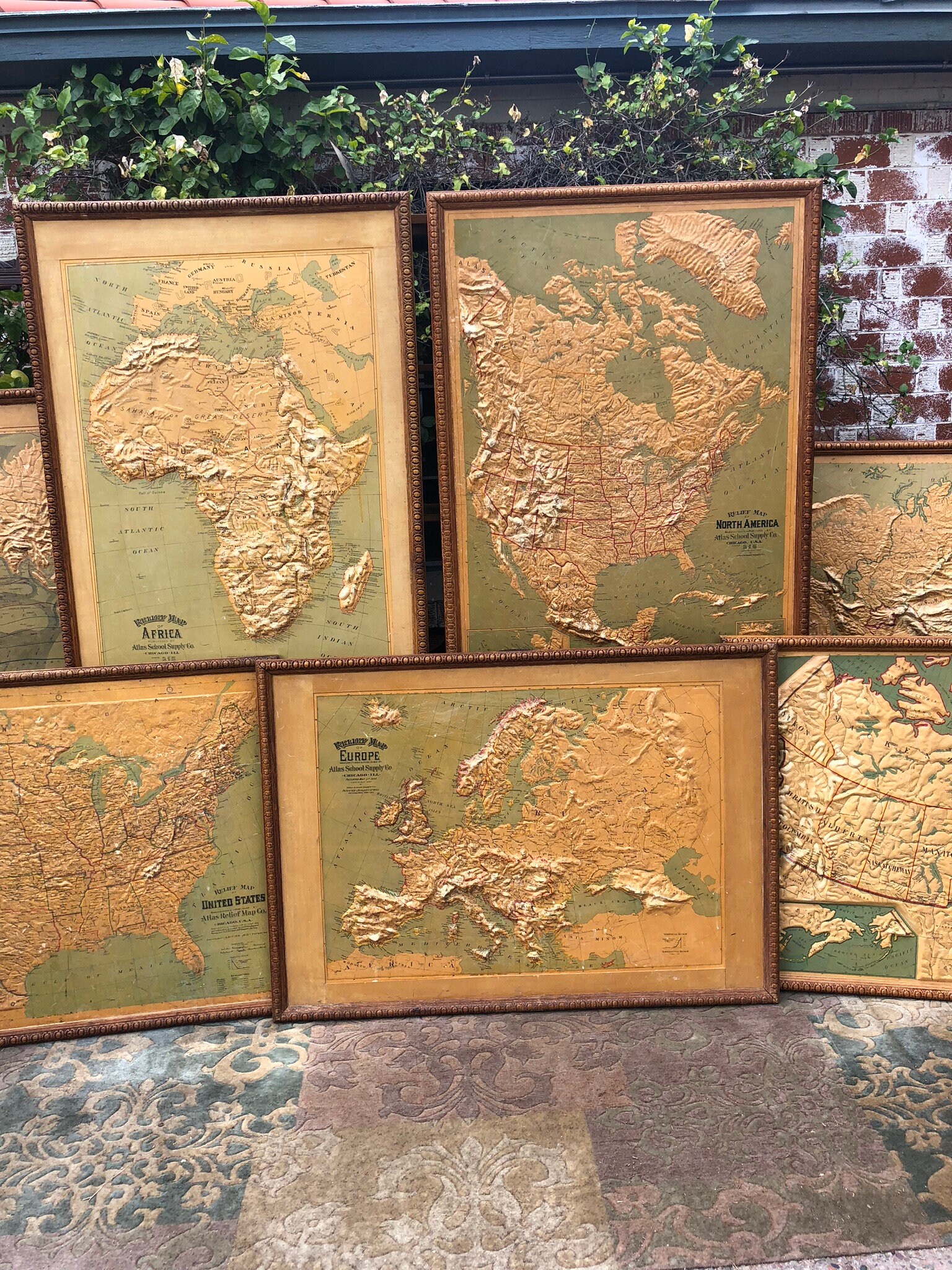 Antique Full Set of Atlas Relief Maps of the World and Each Continent ...