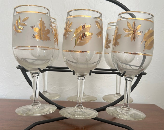 Mid Century Libby Gold Leaf Cocktail Glasses With Carrier - Etsy