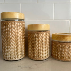 Set of 3 Glass & Wicker Rattan Canisters With Plastic Lucite Lids ...