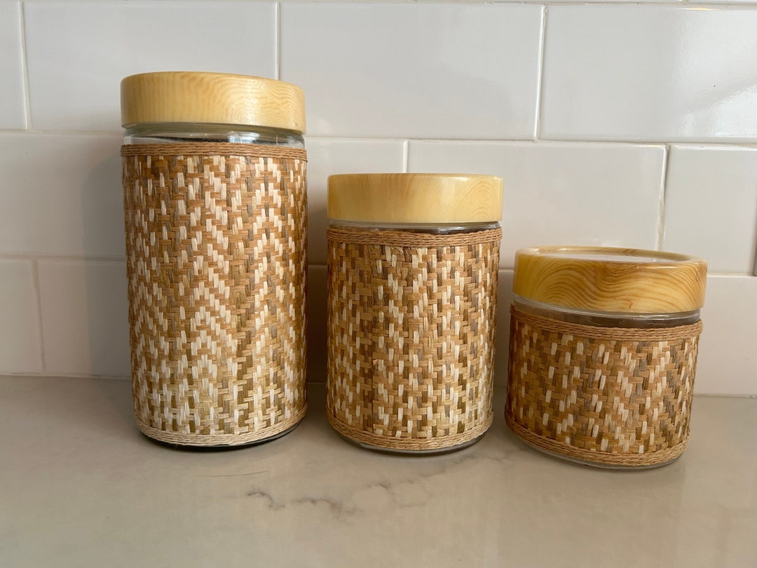Set of 3 Glass & Wicker Rattan Canisters With Plastic Lucite Lids ...