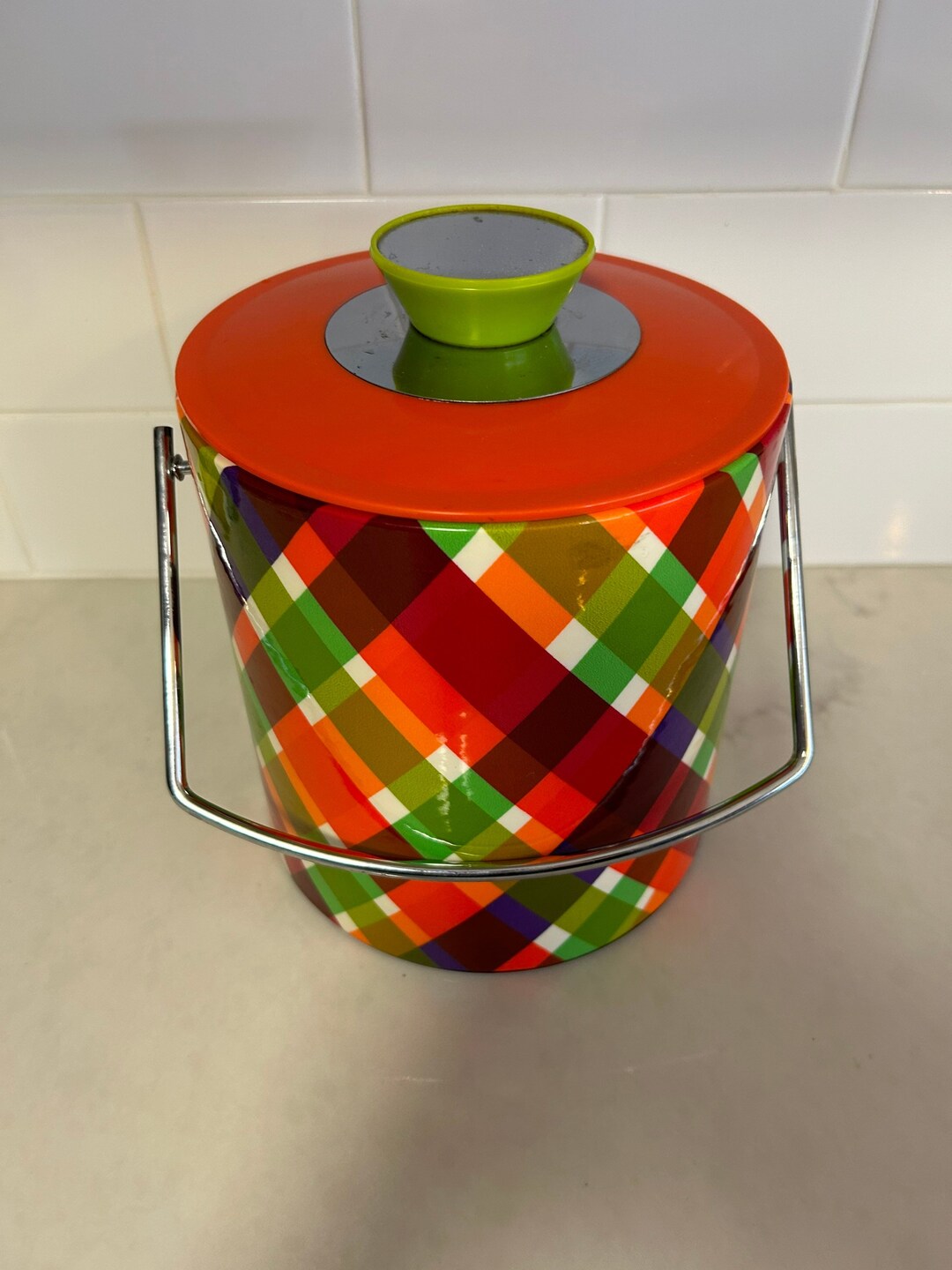 Colony Round Mid Century Modern Plaid Orange Green Vinyl Ice Bucket - Etsy