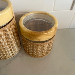 Set of 3 Glass & Wicker Rattan Canisters With Plastic Lucite Lids ...