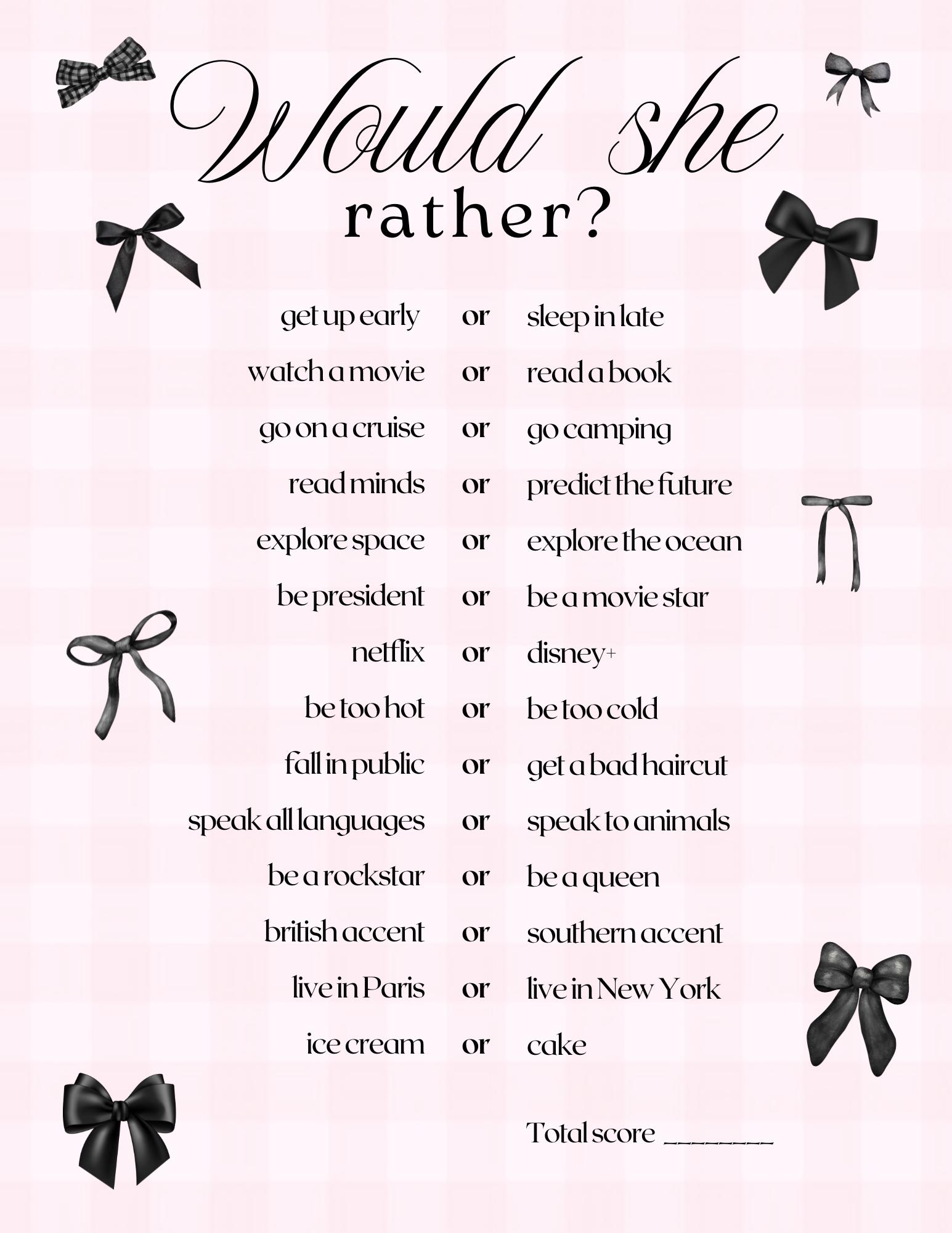 Coquette Game | Would She Rather? | Girls Birthday Party Games ...