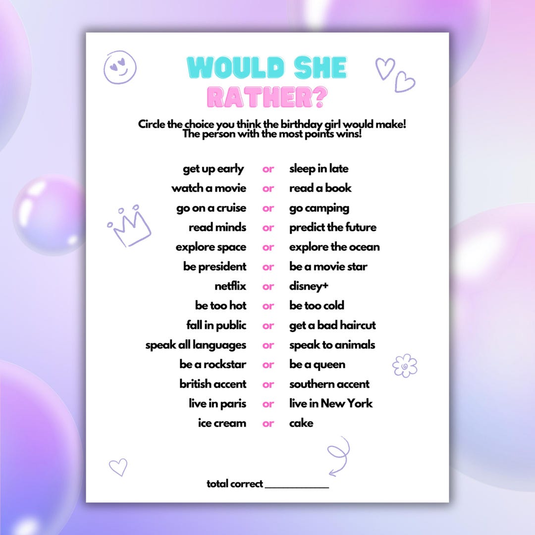 Would She Rather? | Party Games | Birthday Party | Fun Birthday Game ...