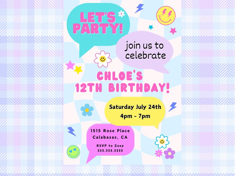 Preppy Birthday Invitation | Smiley Theme | Preppy Theme | Checkered ...