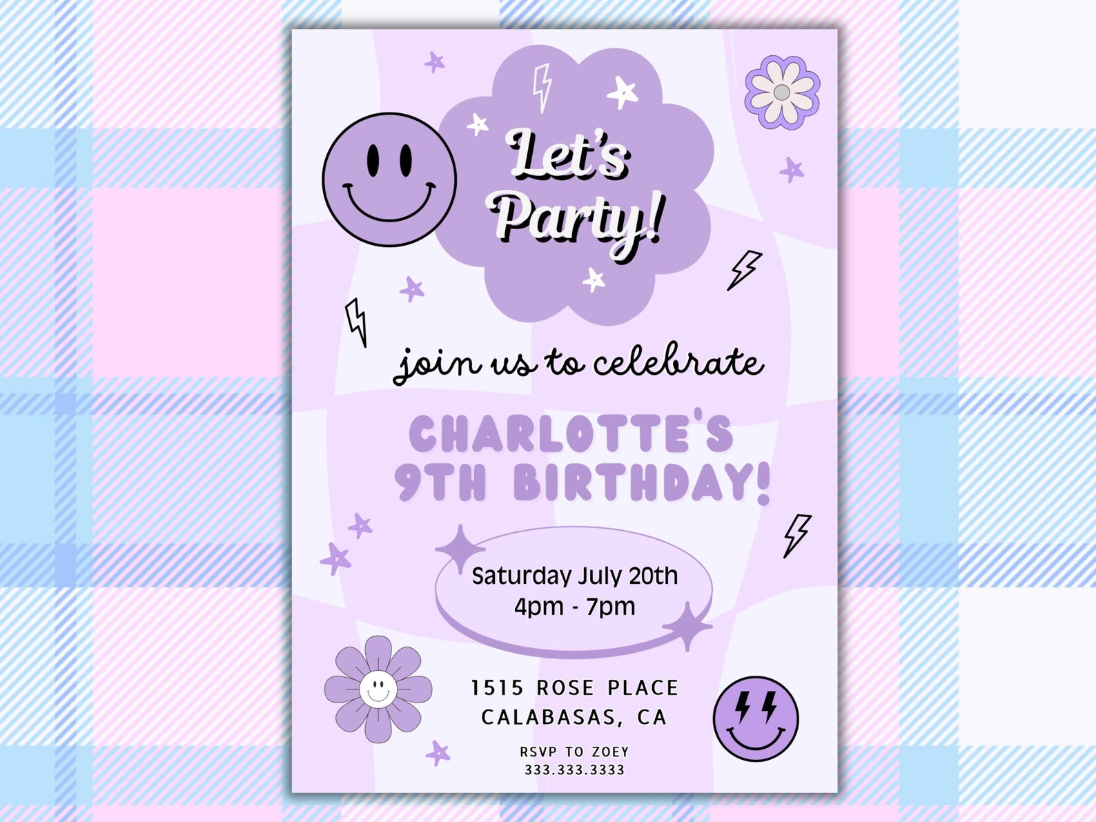 Preppy Birthday Invitation | Smiley Theme | Preppy Theme | Checkered ...