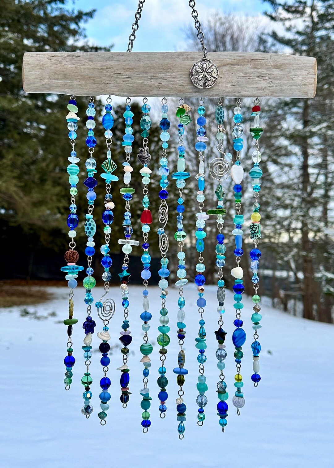 Ocean Themed Driftwood Suncatcher, Aqua Blue Mobile, Seascape Tapestry ...