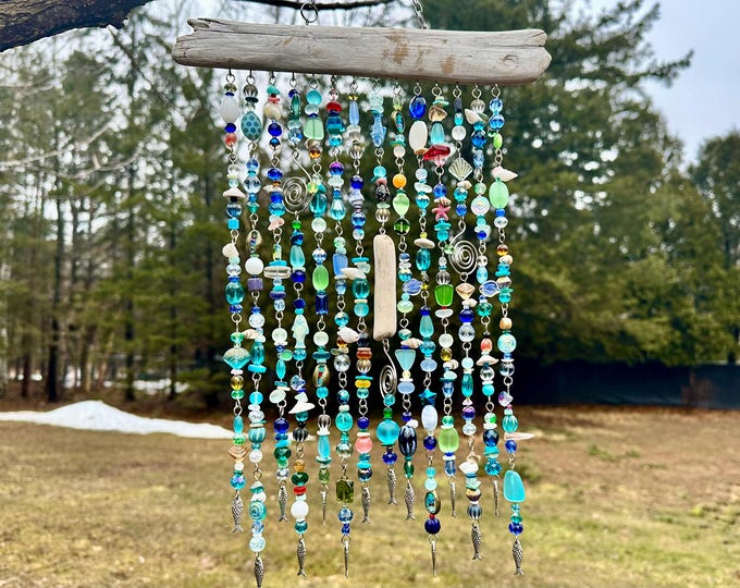 Ocean Themed Driftwood Suncatcher, Aqua Blue Mobile, Seascape Tapestry ...