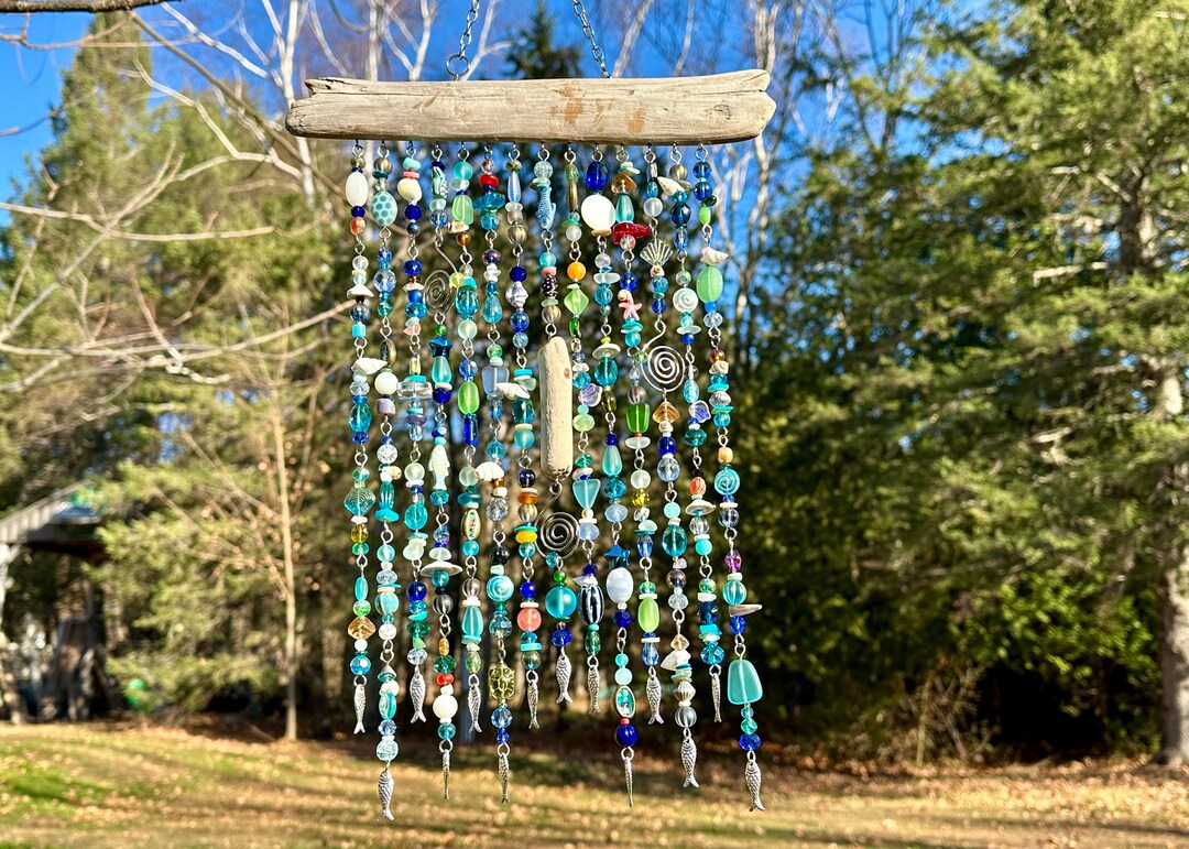Ocean Themed Driftwood Suncatcher, Aqua Blue Mobile, Seascape Tapestry ...