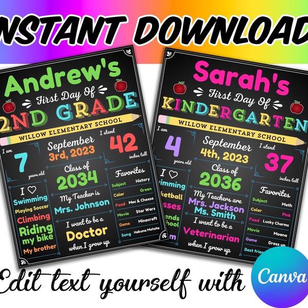 Back to School Kids Printable Sign First Day of School Editable INSTANT ...