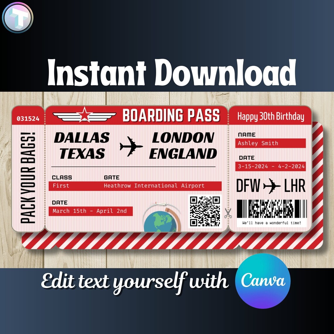 DIY Printable Editable Boarding Pass Surprise Fake Airline Ticket Trip ...